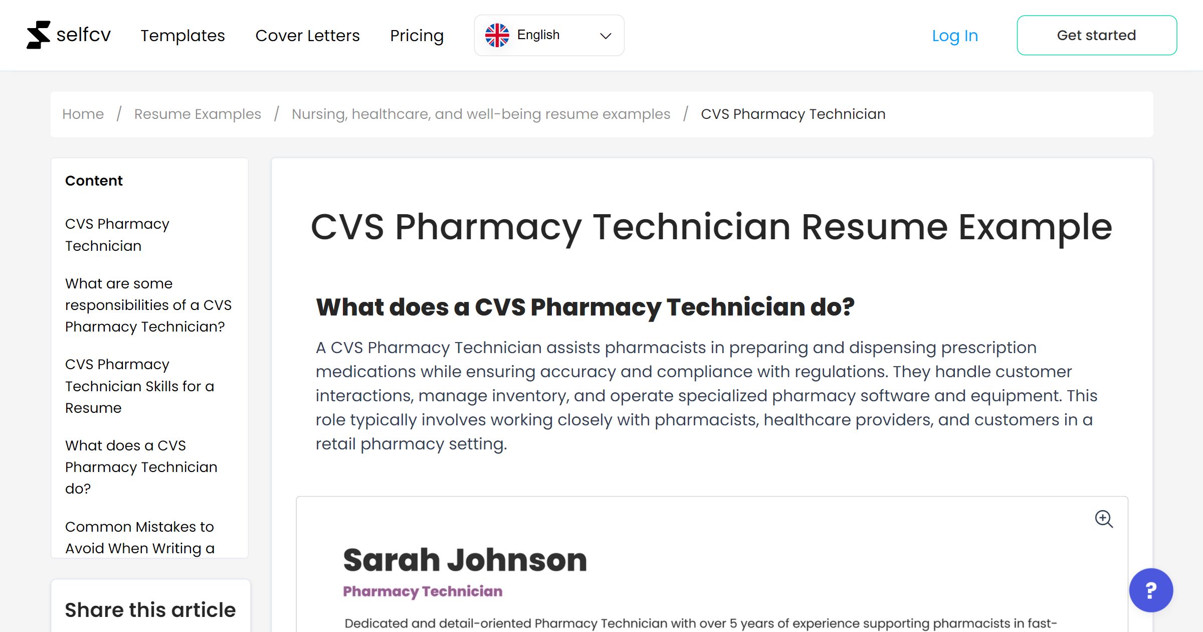 CVS Pharmacy Technician Resume Example