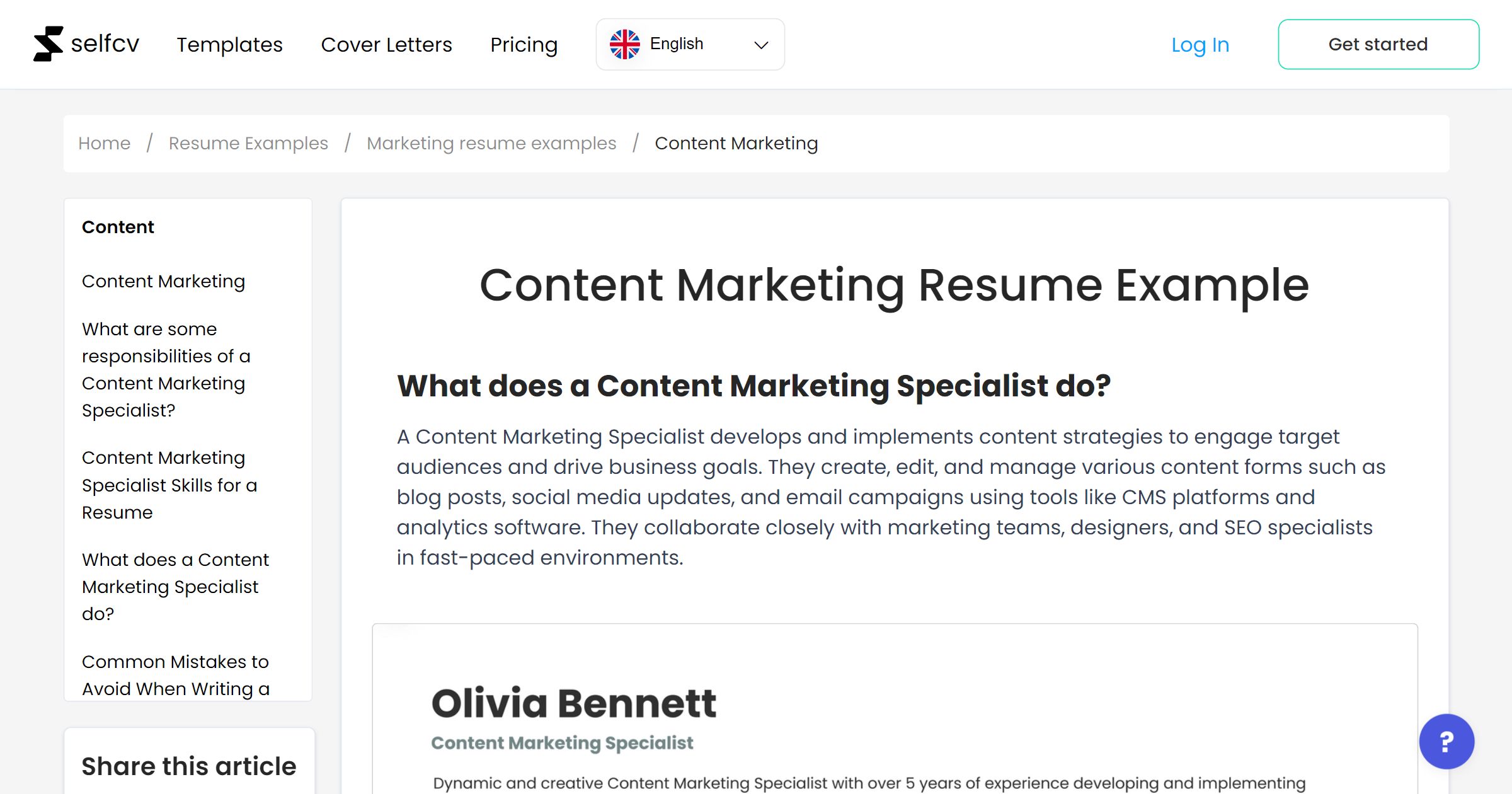 Content Marketing Resume Example