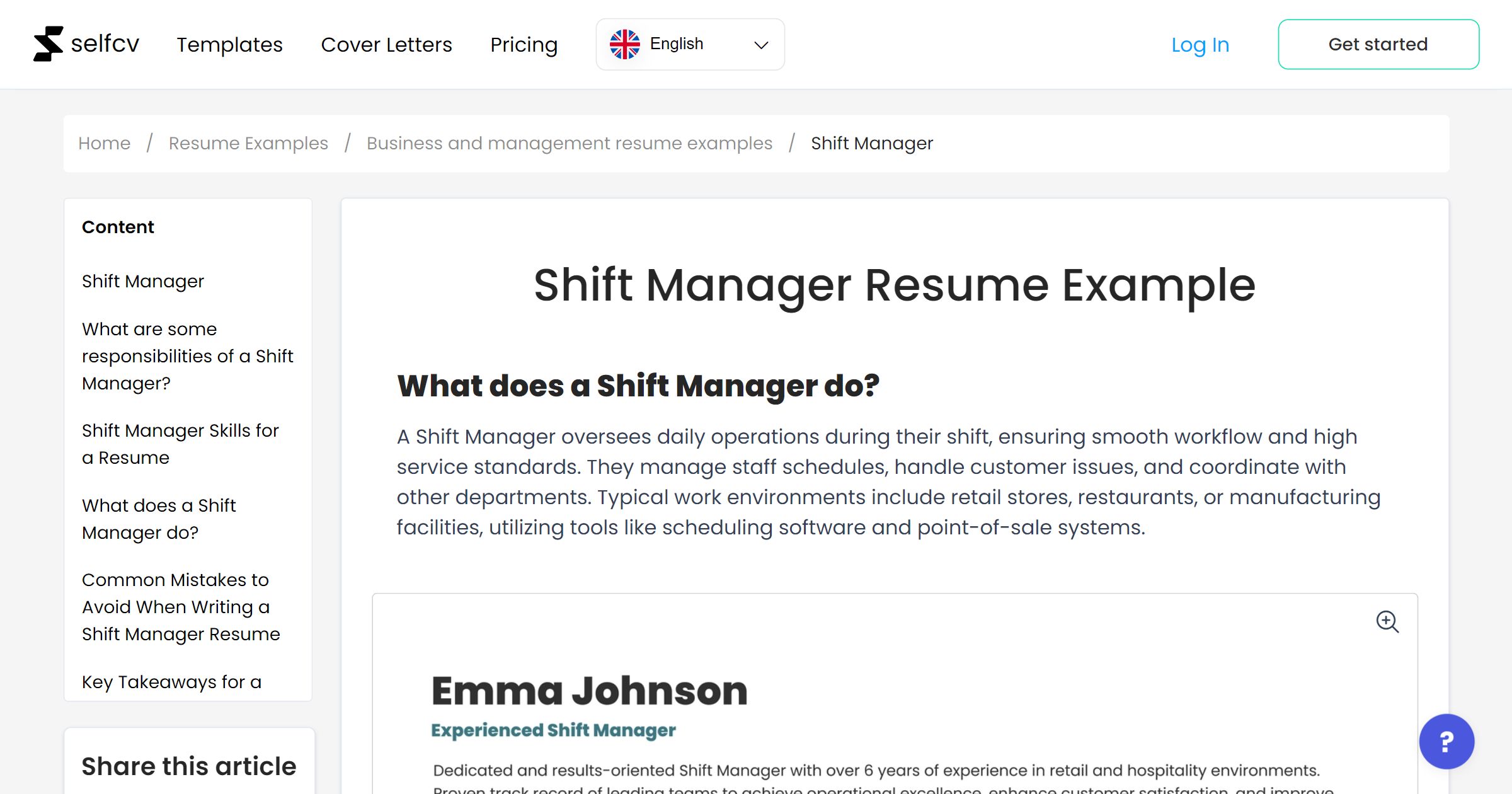 Shift Manager Resume Example