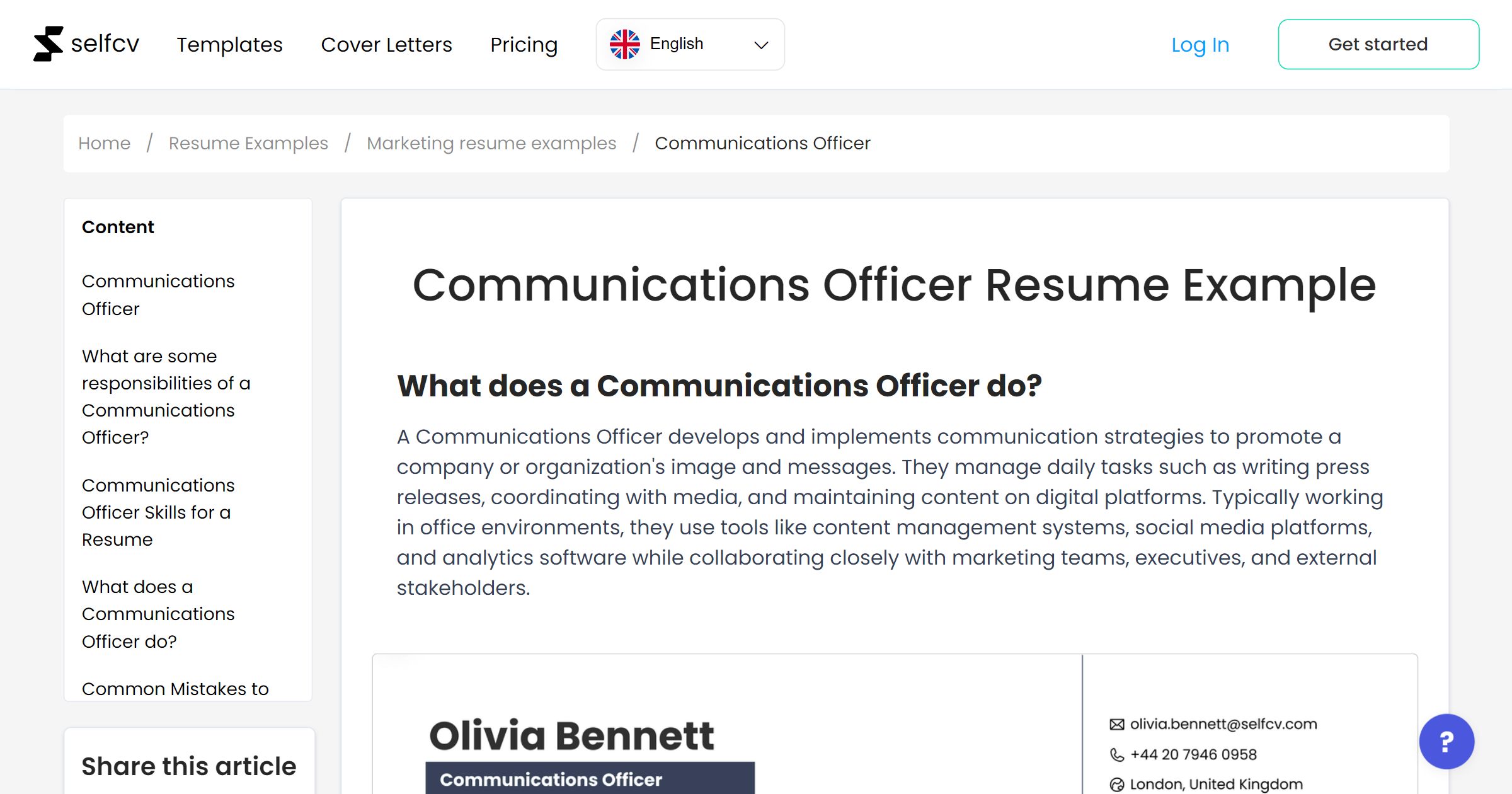 Communications Officer Resume Example