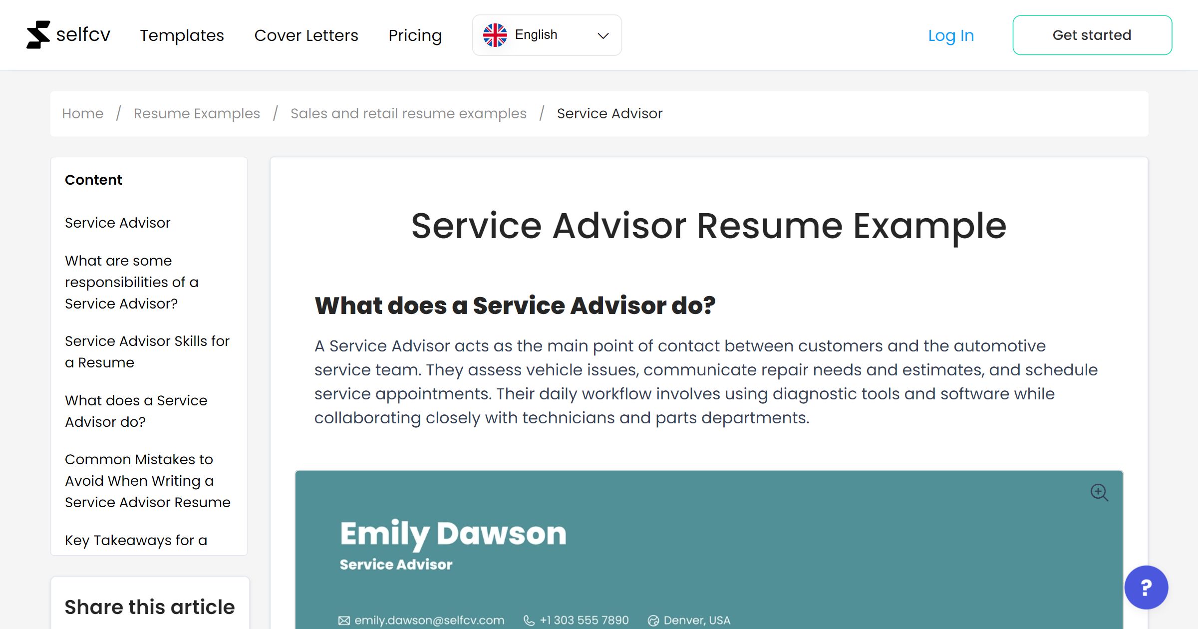 Service Advisor Resume Example
