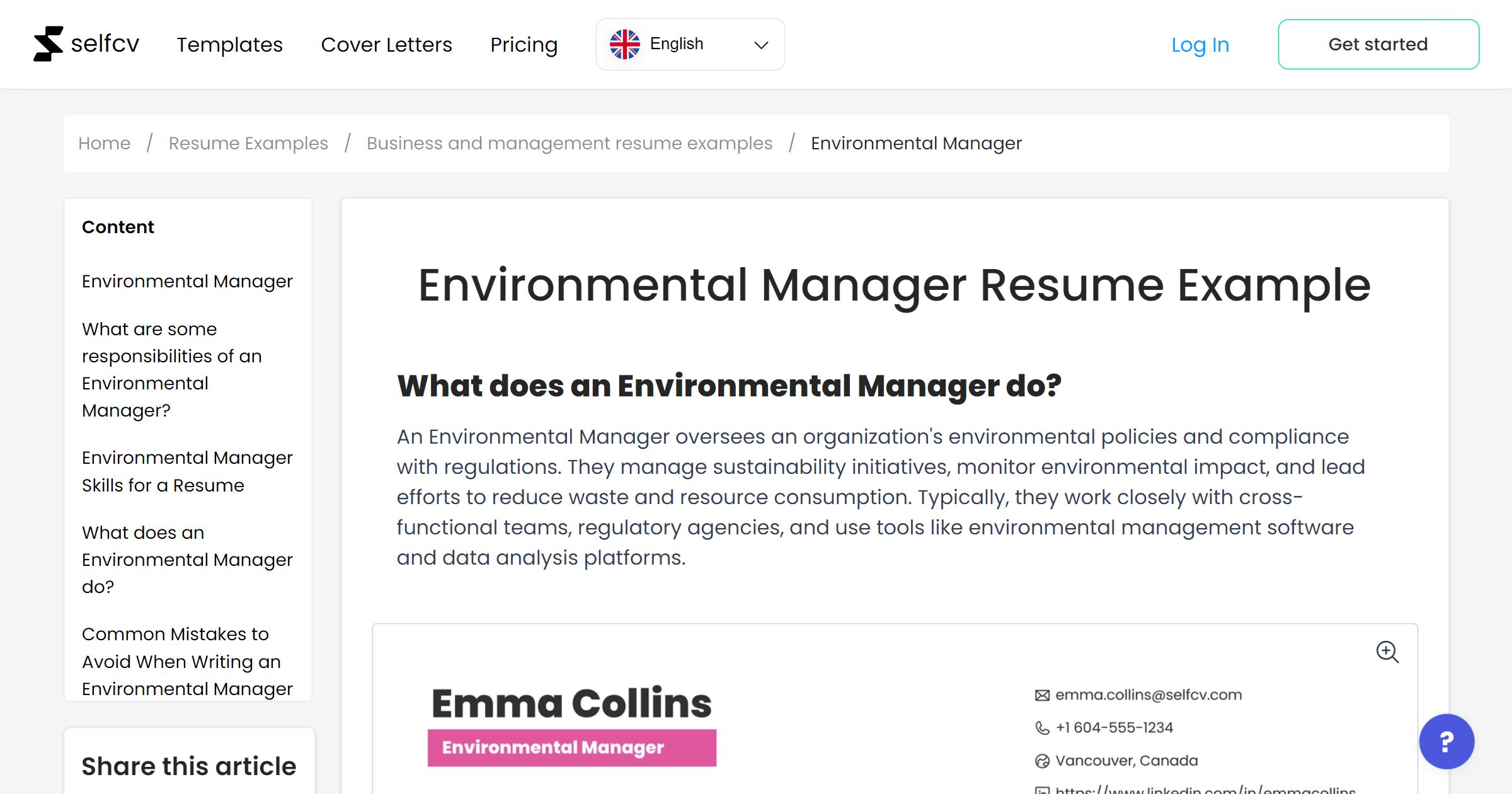 Environmental Manager Resume Example