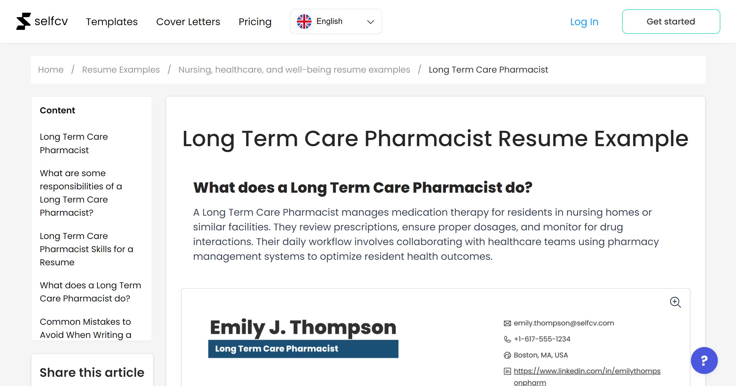 Long Term Care Pharmacist Resume Example