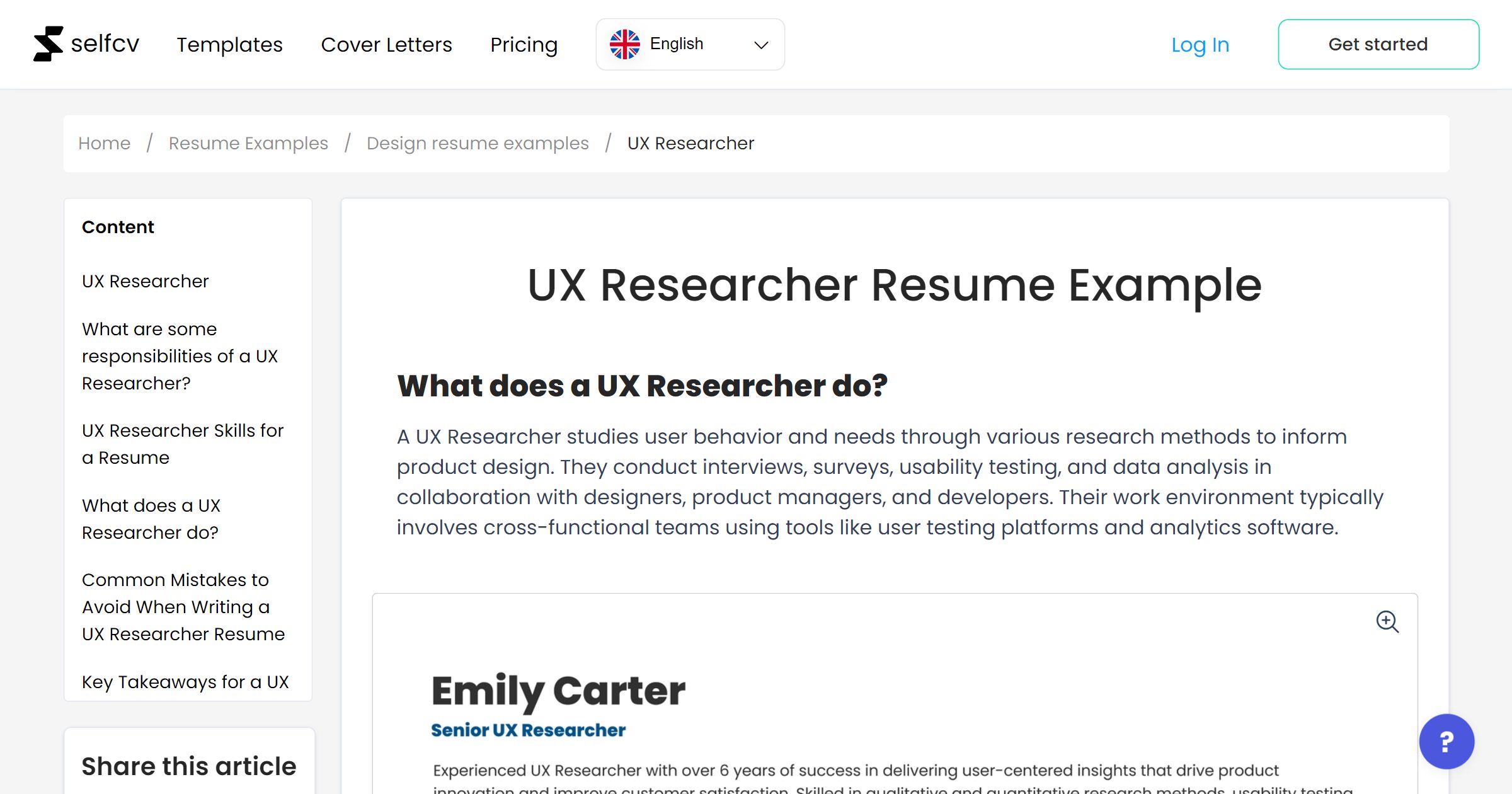 UX Researcher Resume Example