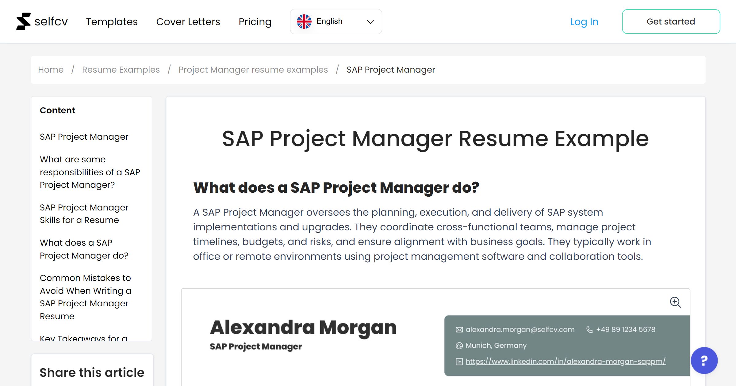 SAP Project Manager Resume Example