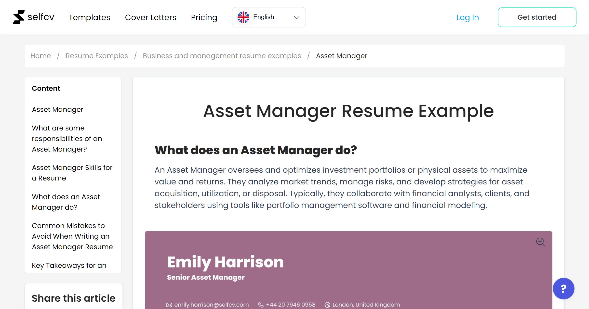 Asset Manager Resume Example