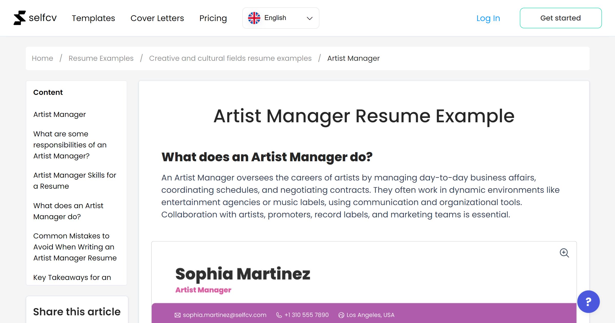 Artist Manager Resume Example