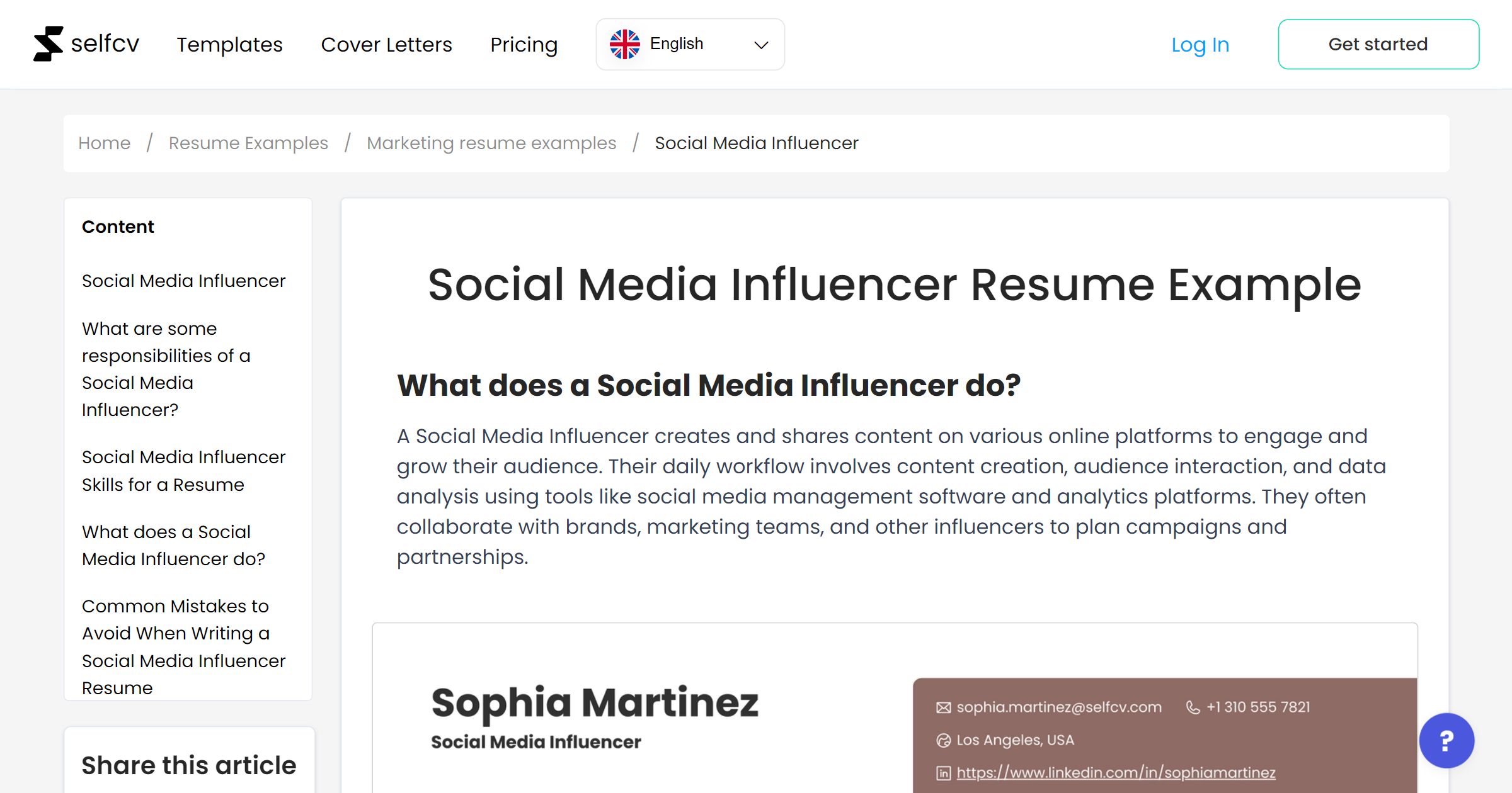 Social Media Influencer Resume Example