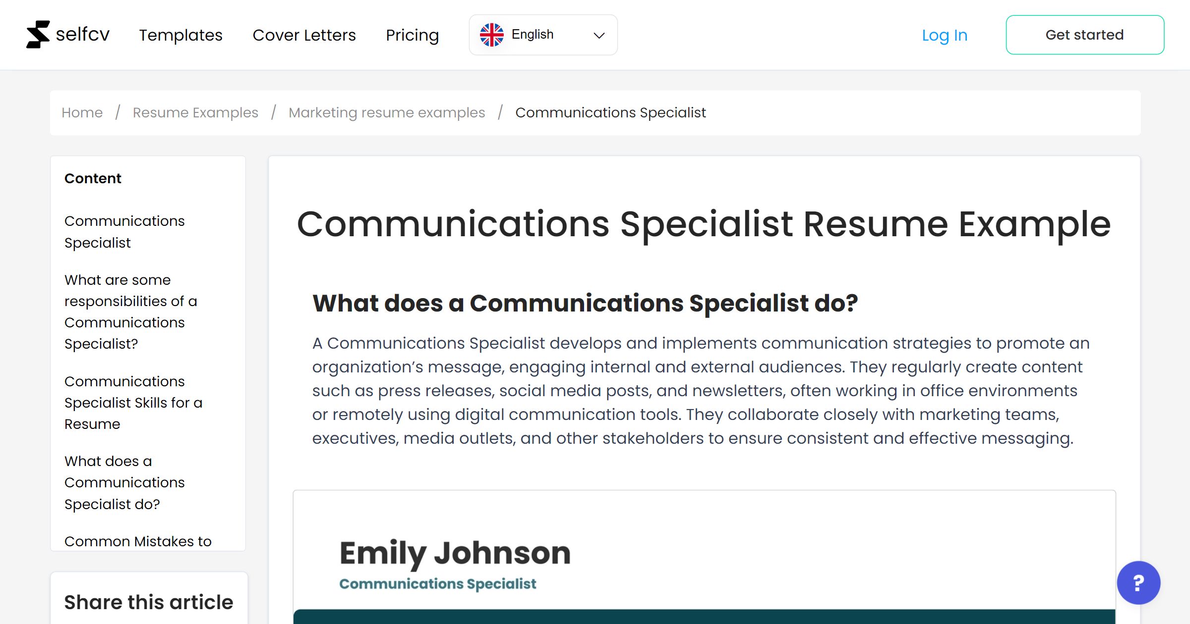 Communications Specialist Resume Example