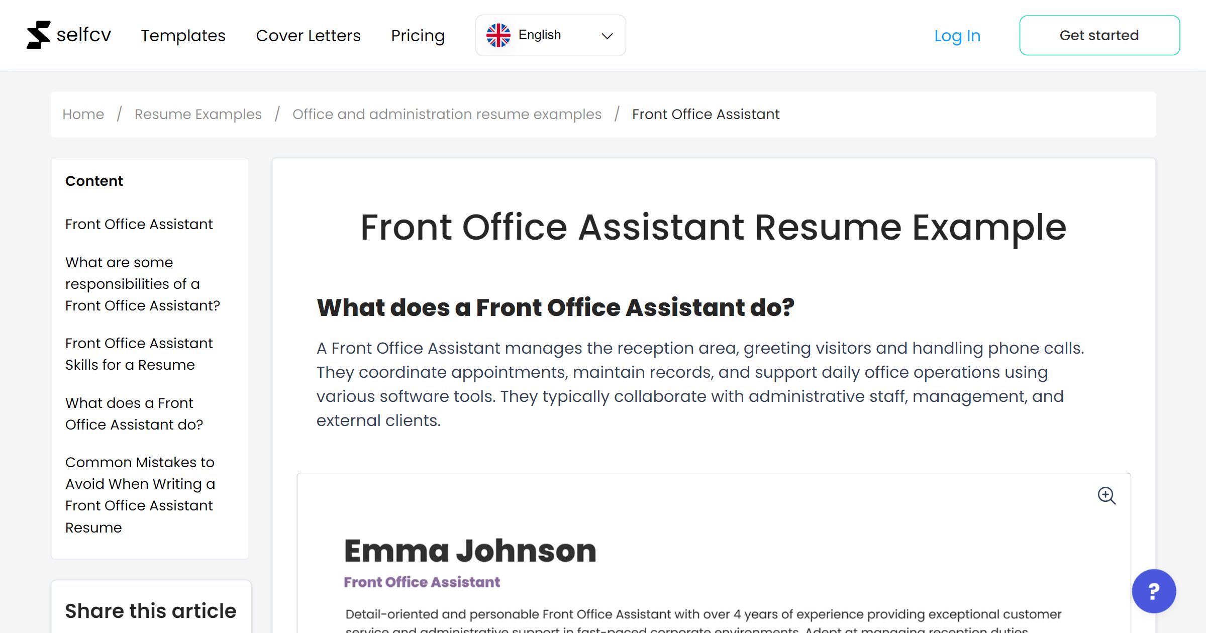 Front Office Assistant Resume Example