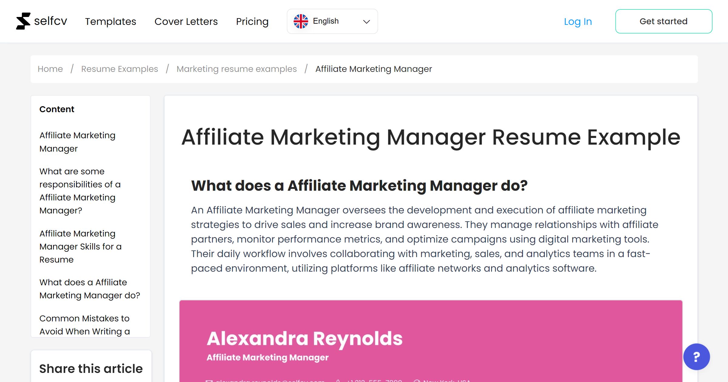 Affiliate Marketing Manager Resume Example