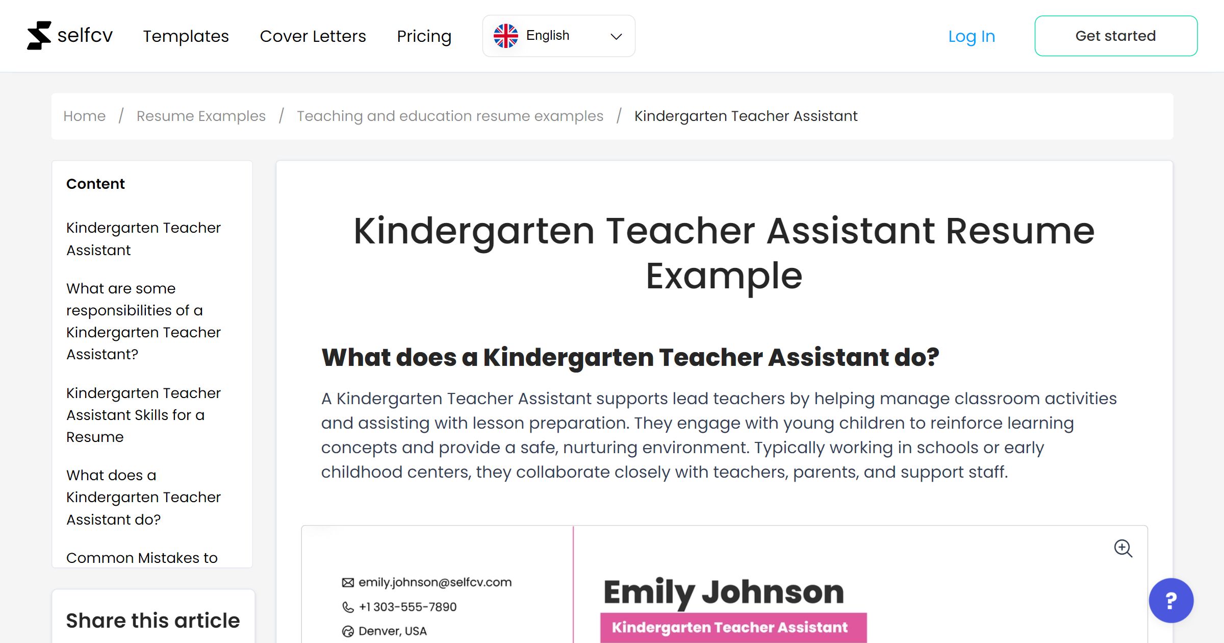 Kindergarten Teacher Assistant Resume Example