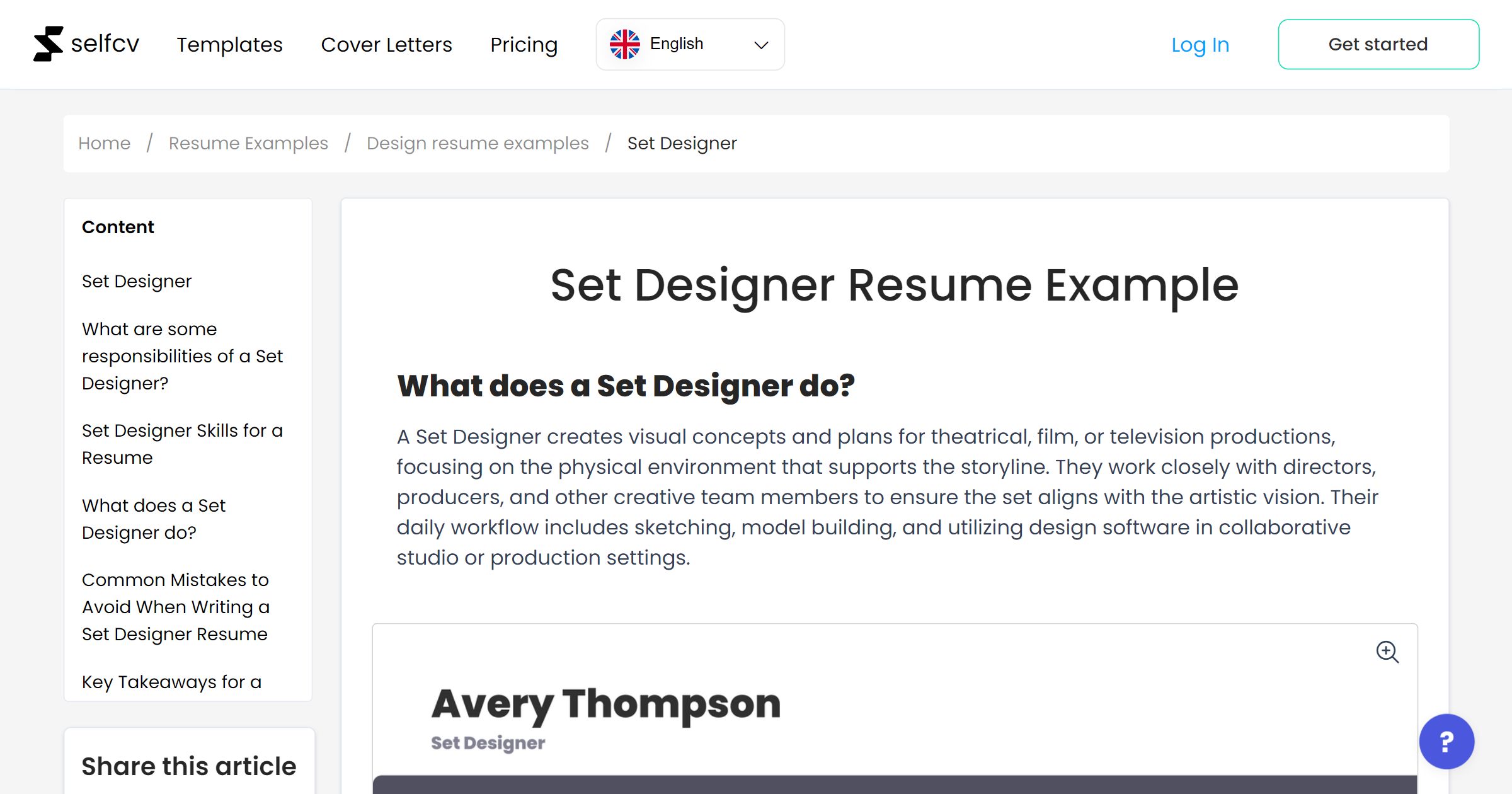 Set Designer Resume Example