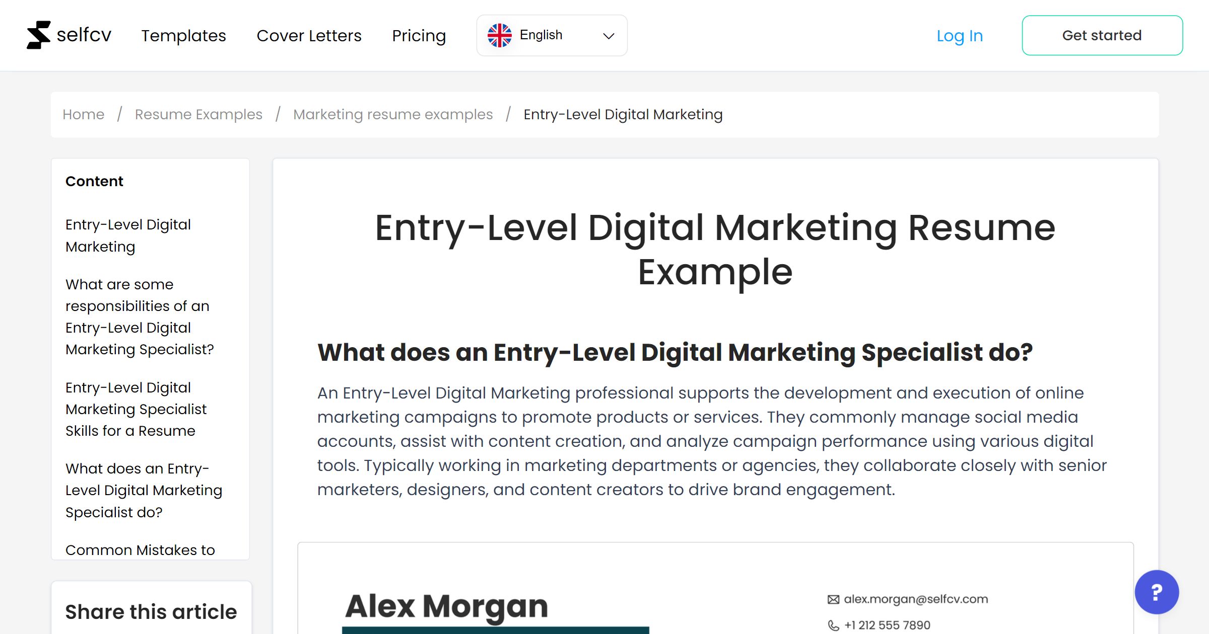Entry-Level Digital Marketing Resume Example