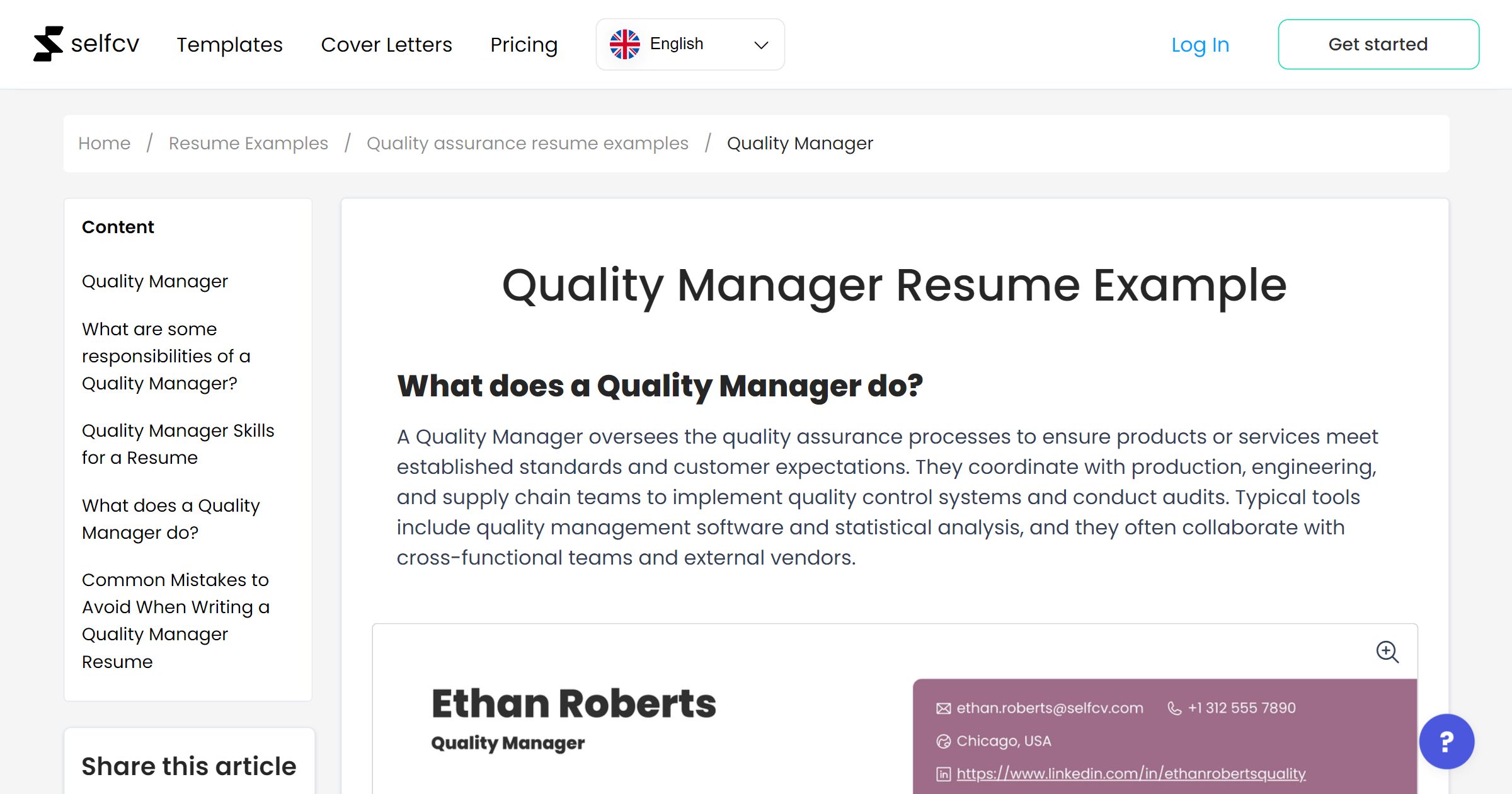Quality Manager Resume Example