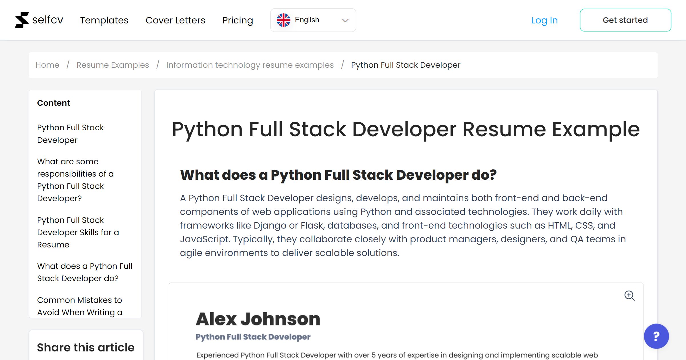 Python Full Stack Developer Resume Example