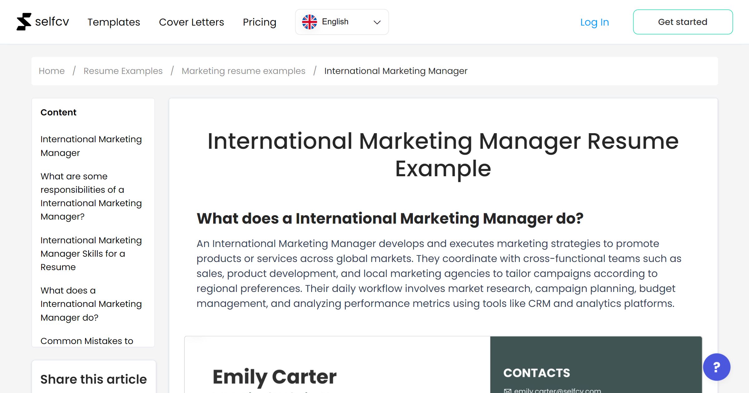 International Marketing Manager Resume Example