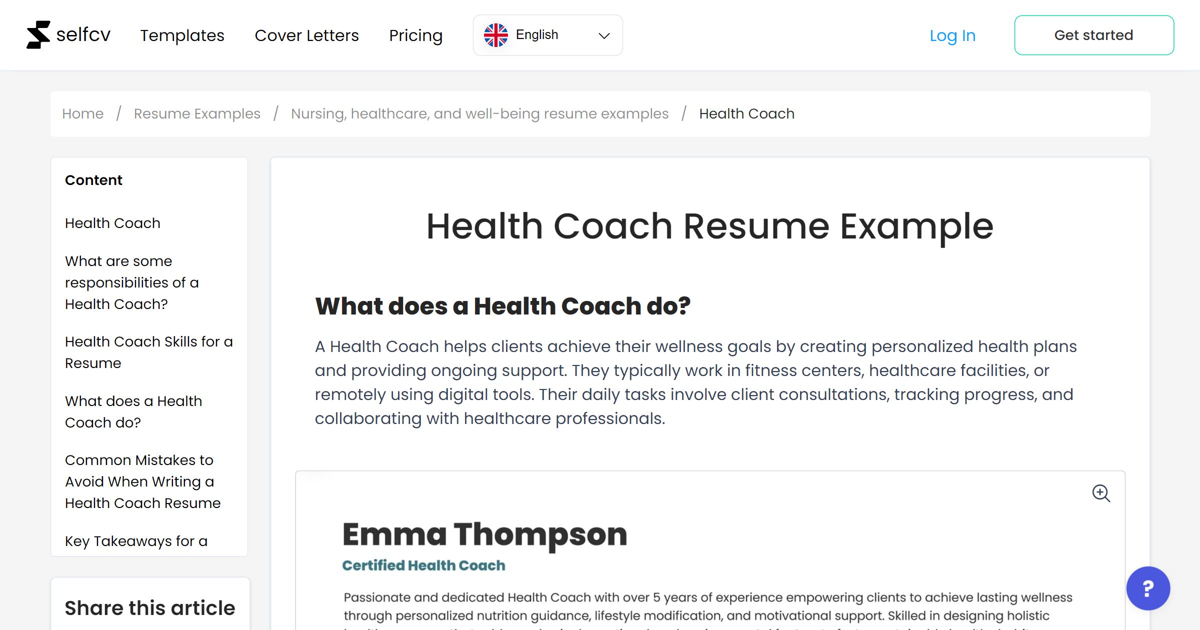 Health Coach Resume Example