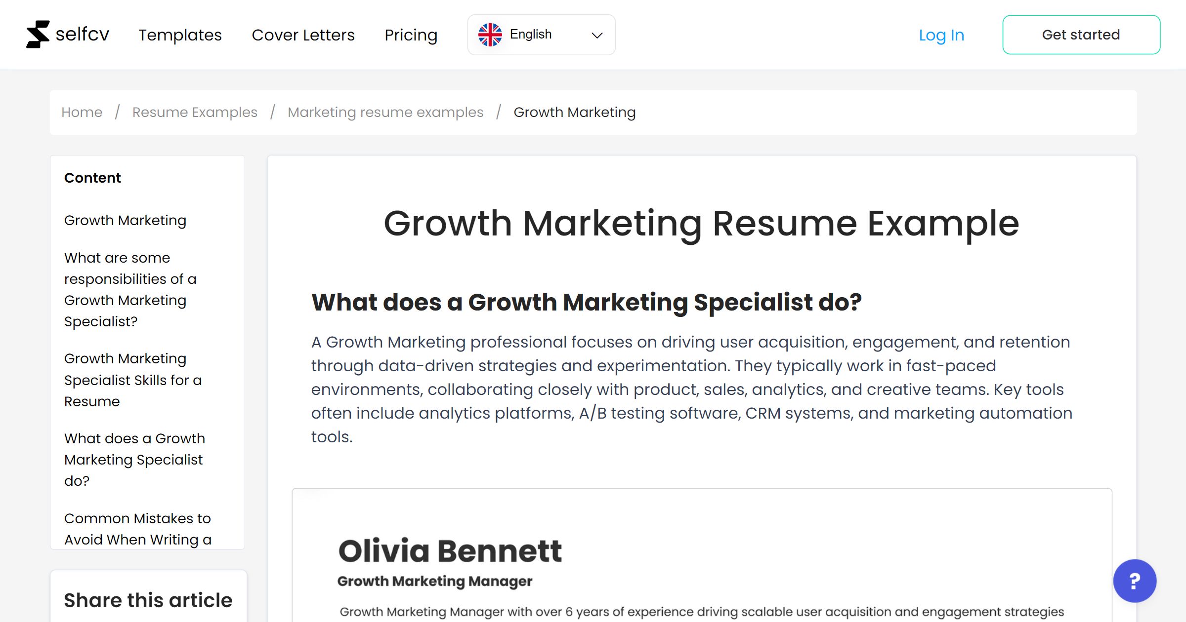 Growth Marketing Resume Example