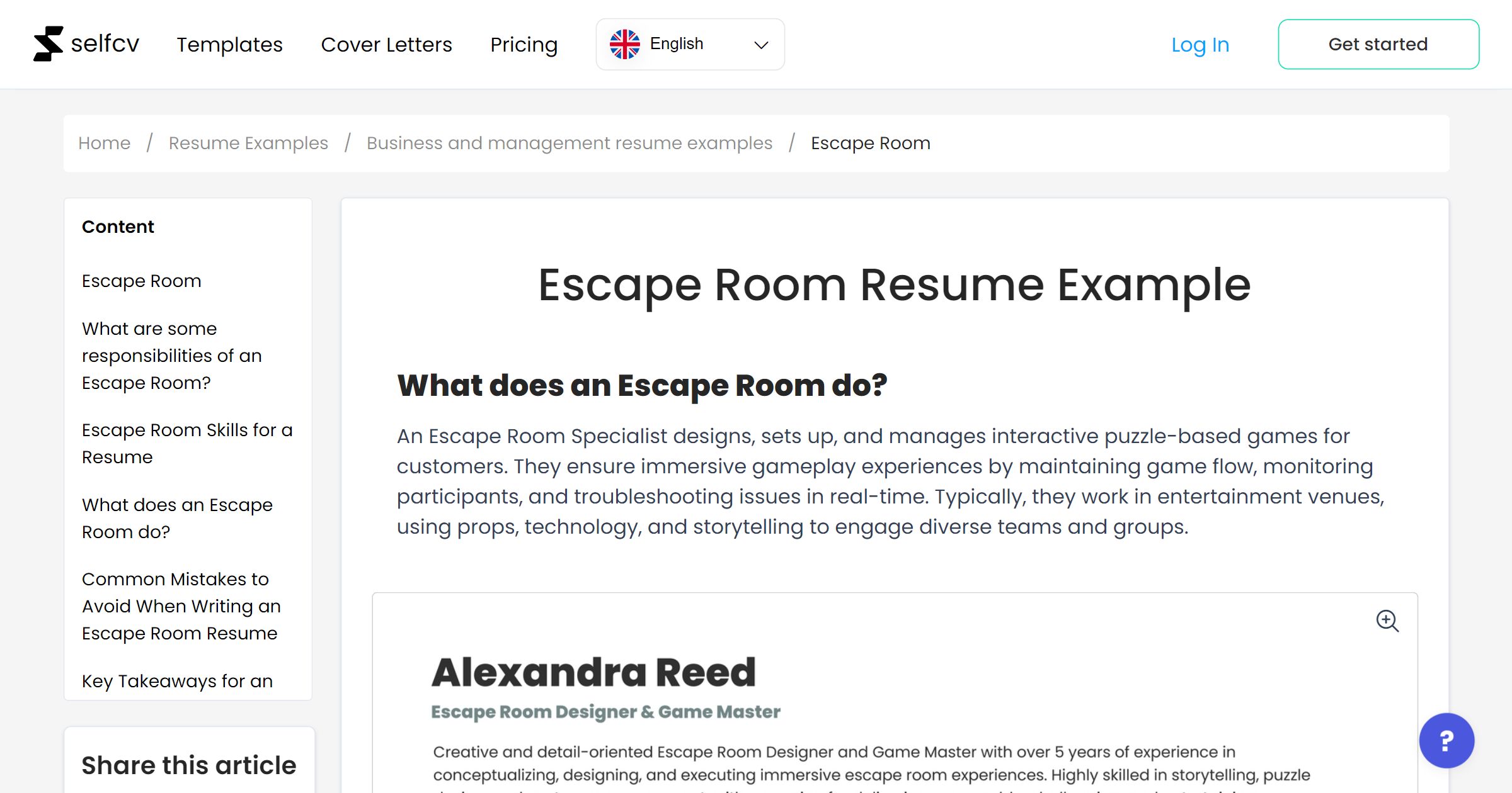 Escape Room Resume Example