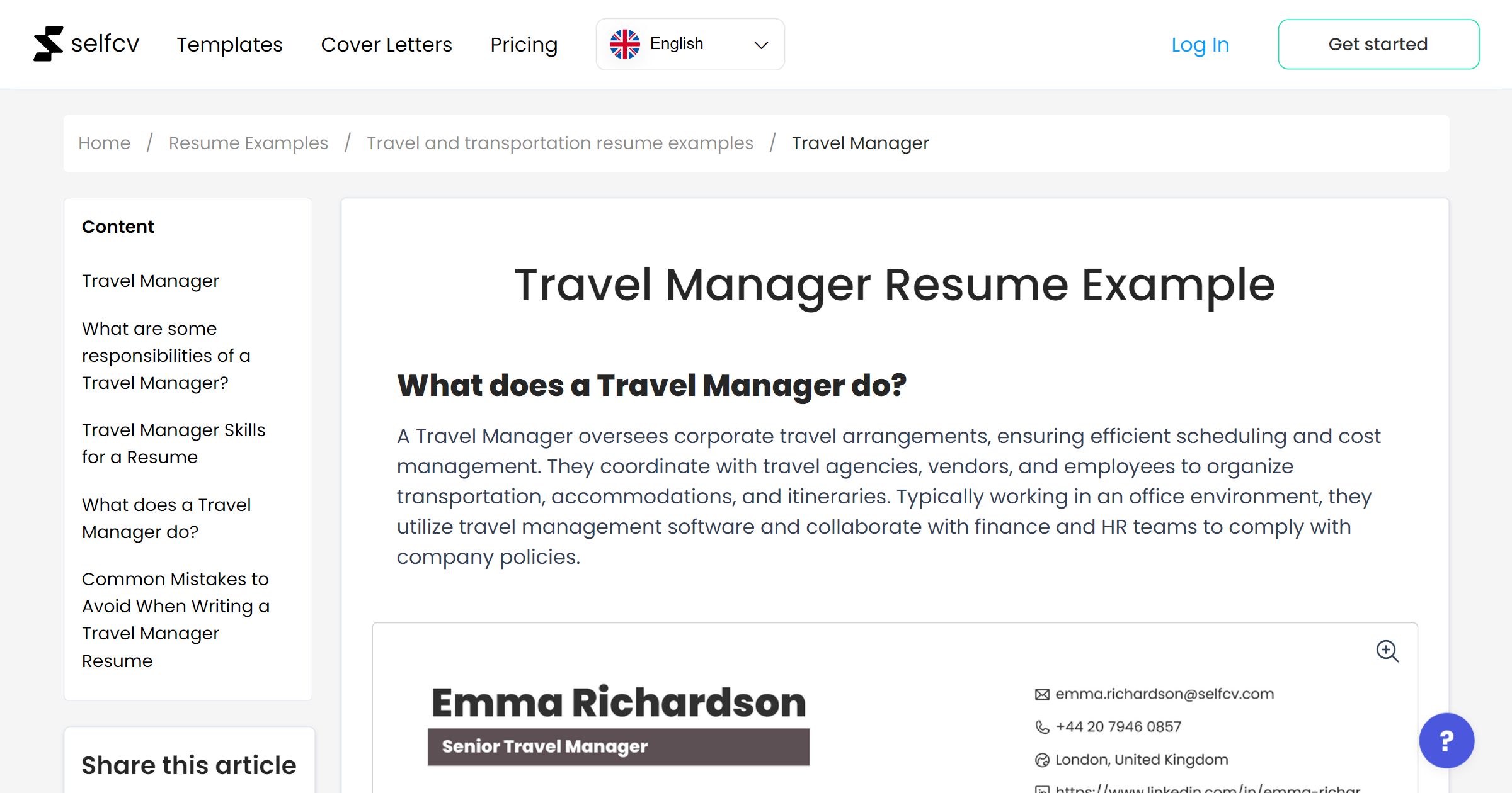 Travel Manager Resume Example