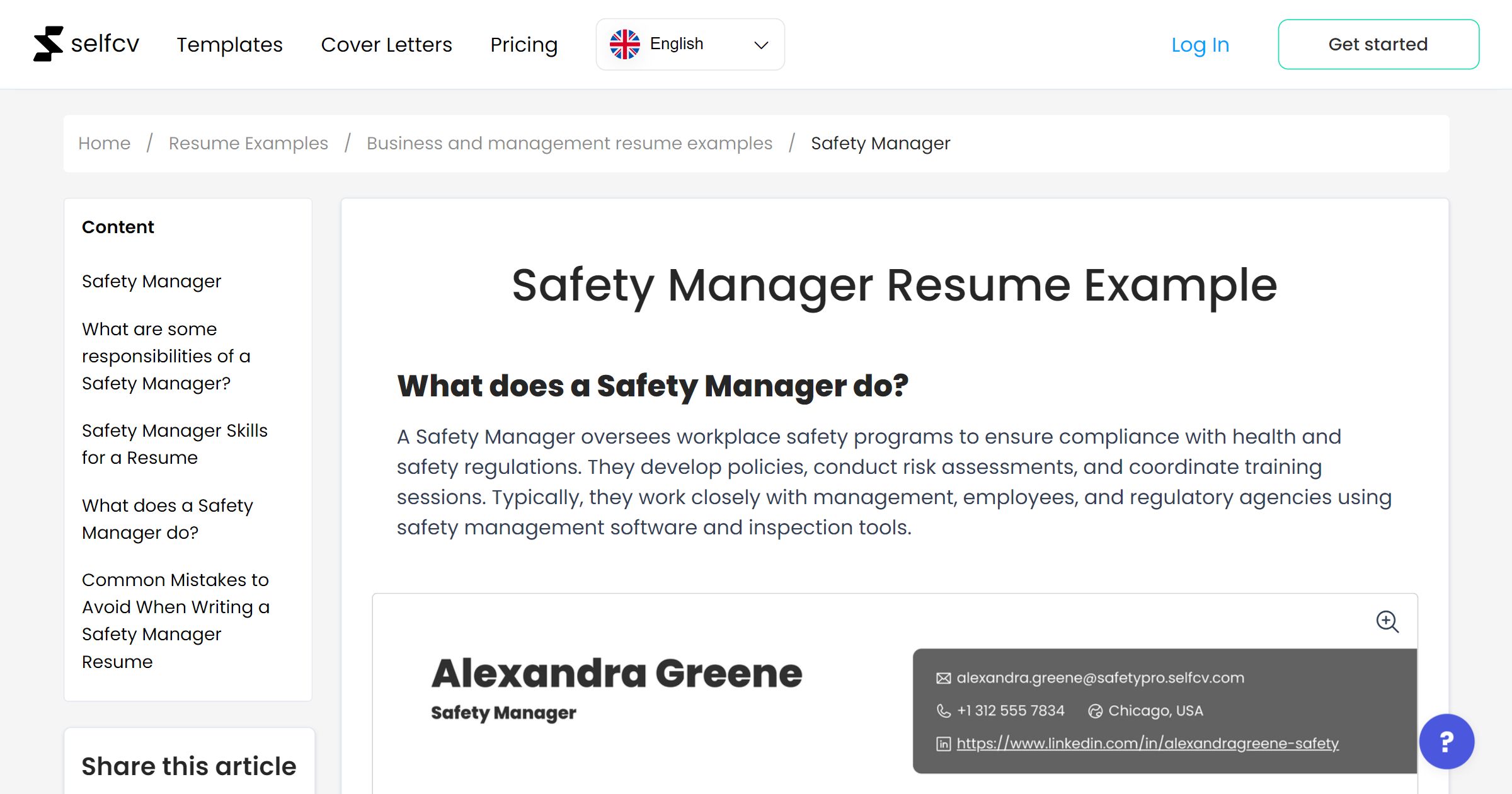 Safety Manager Resume Example