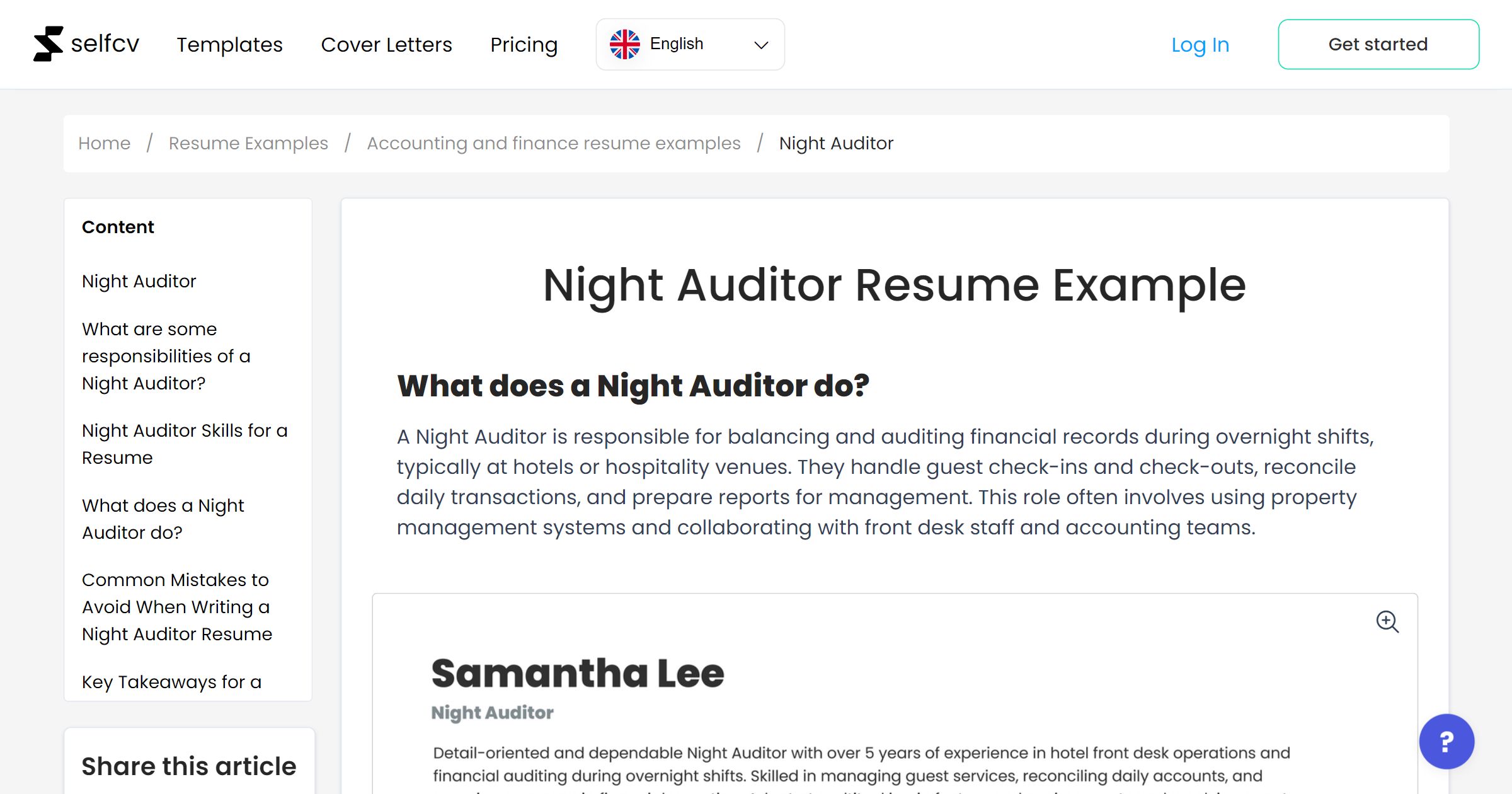 Night Auditor Resume Example