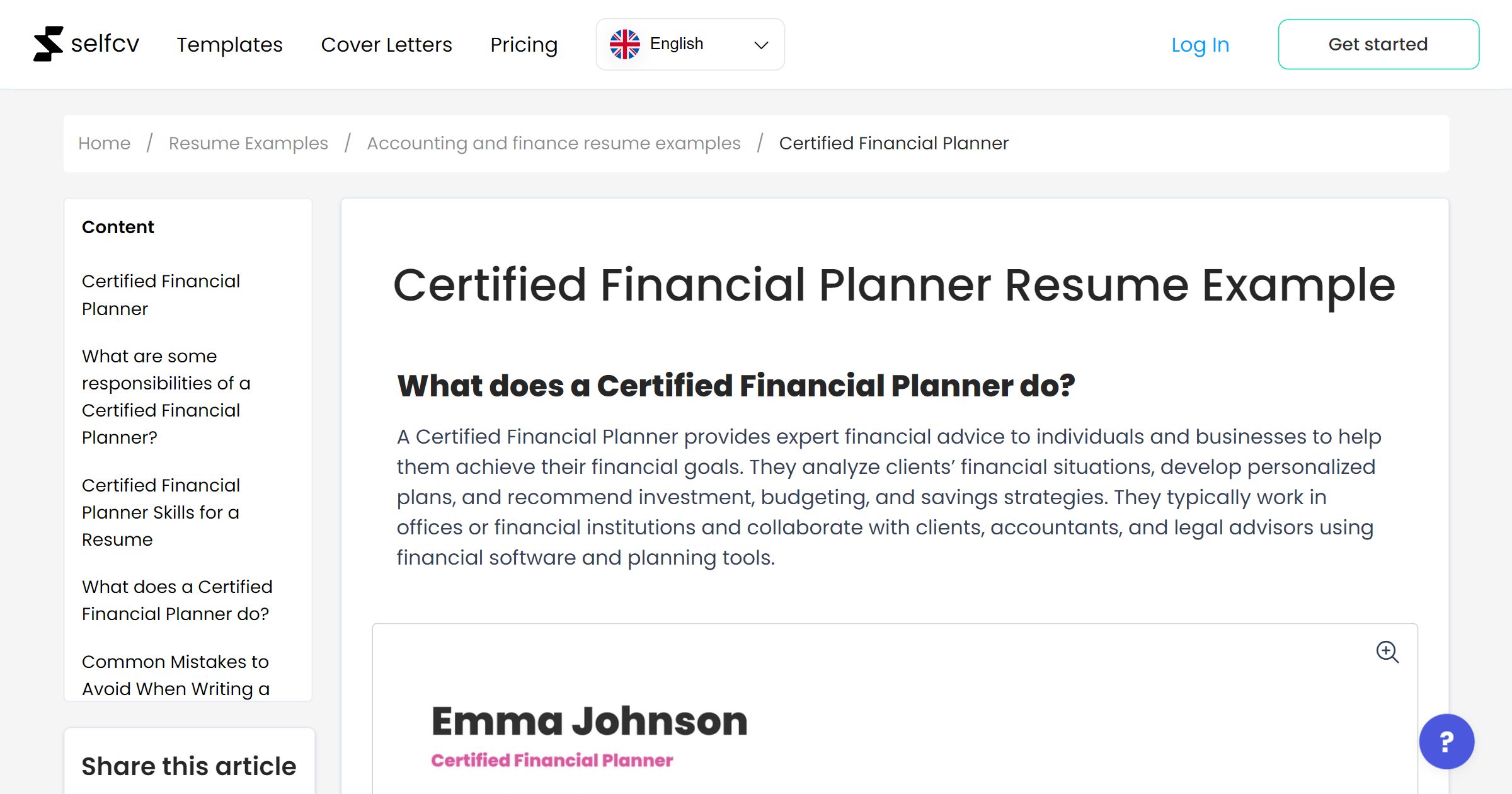 Certified Financial Planner Resume Example