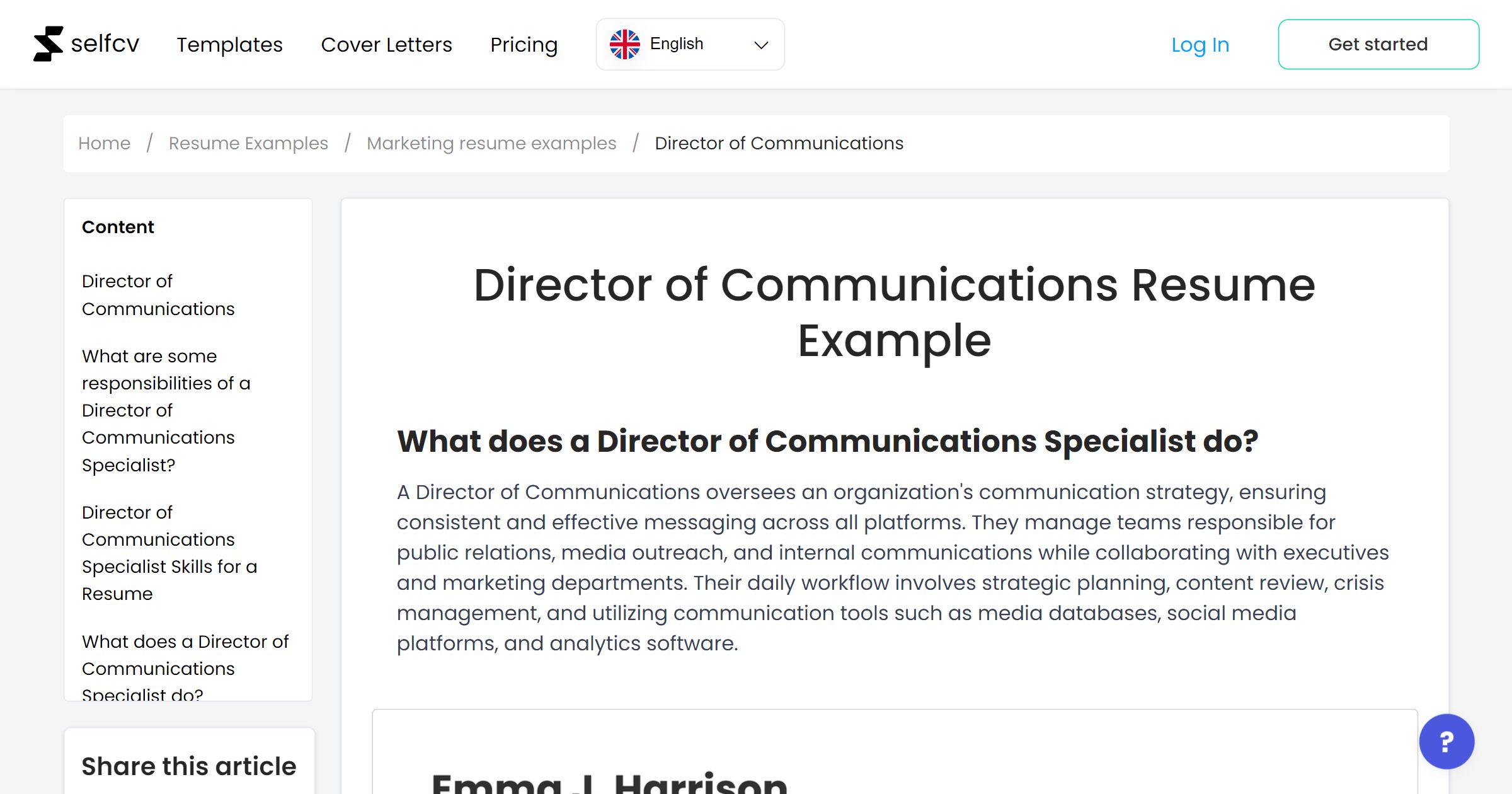 Director of Communications Resume Example