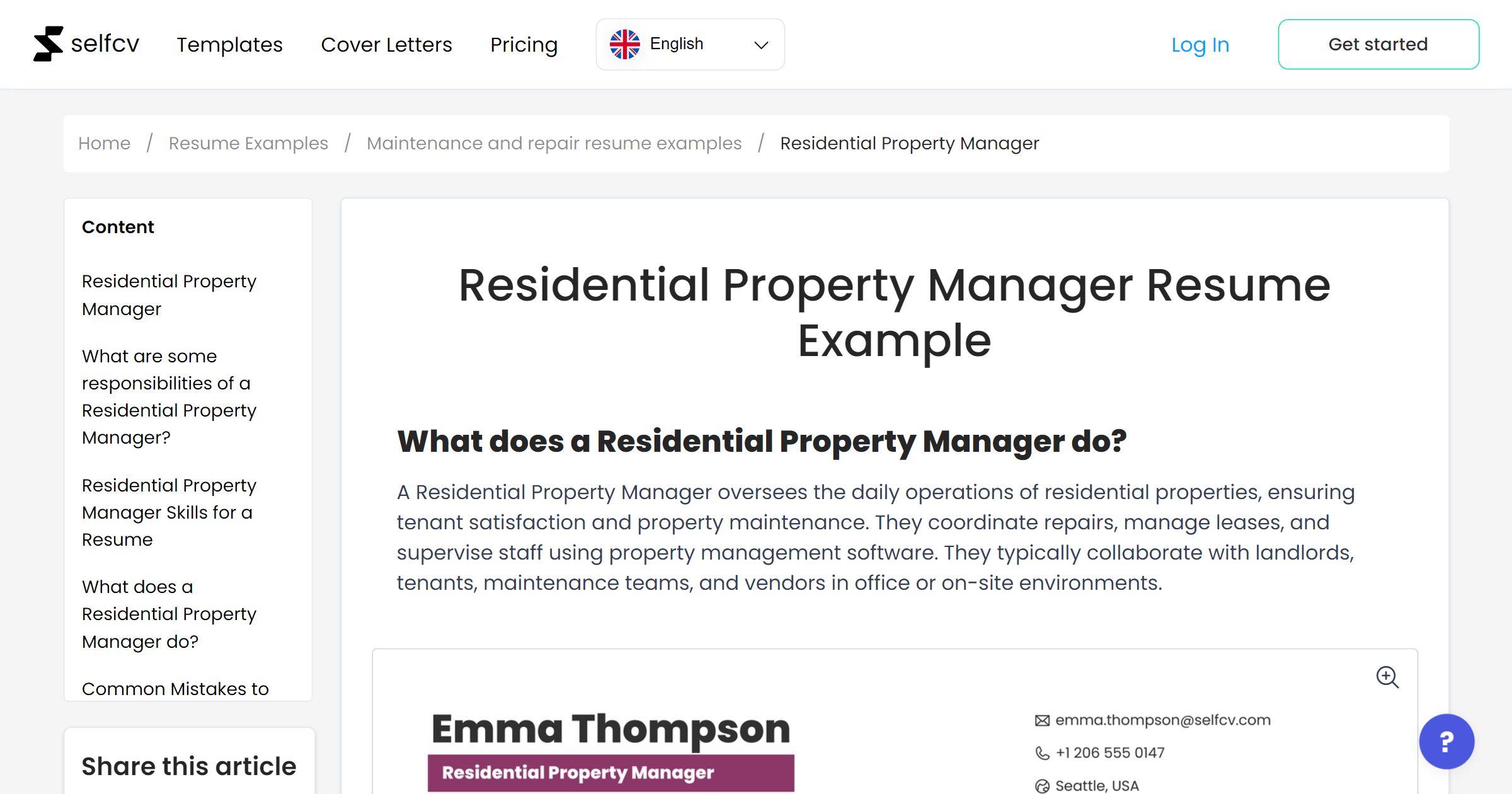 Residential Property Manager Resume Example