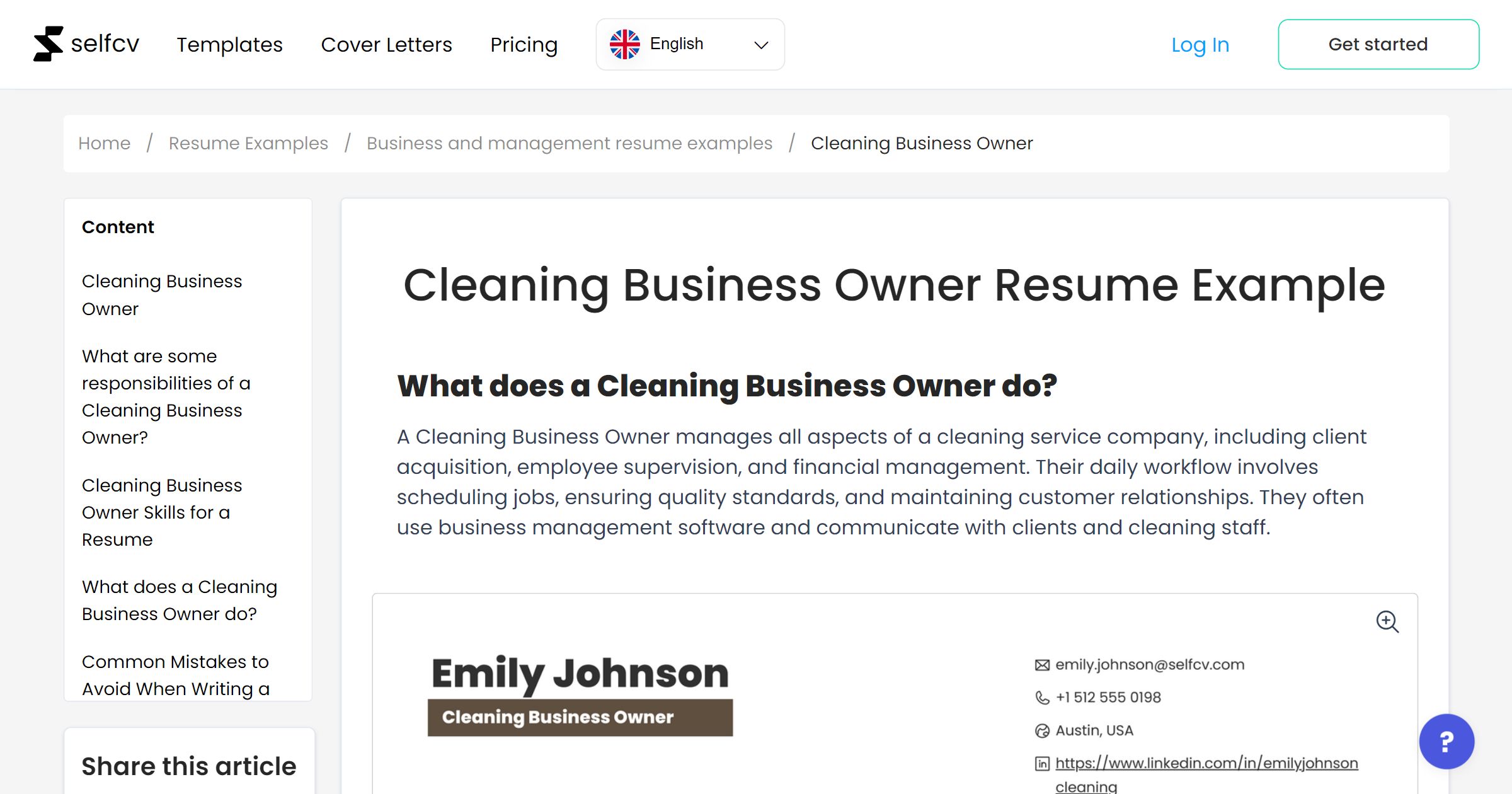 Cleaning Business Owner Resume Example