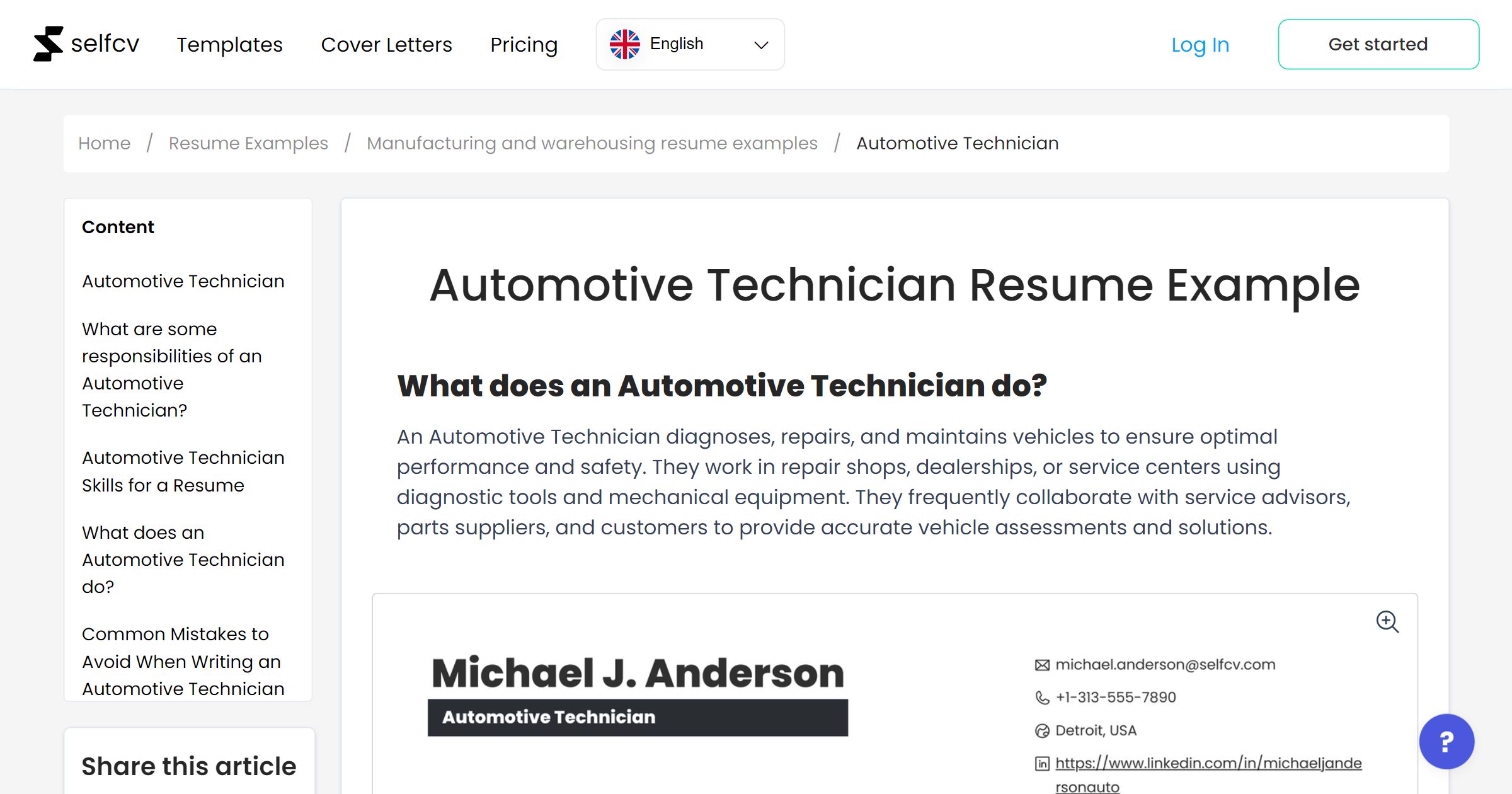 Automotive Technician Resume Example