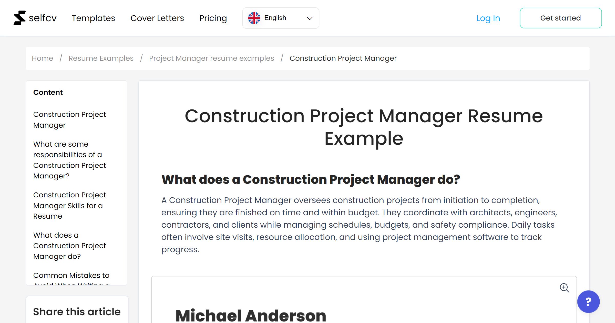 Construction Project Manager Resume Example